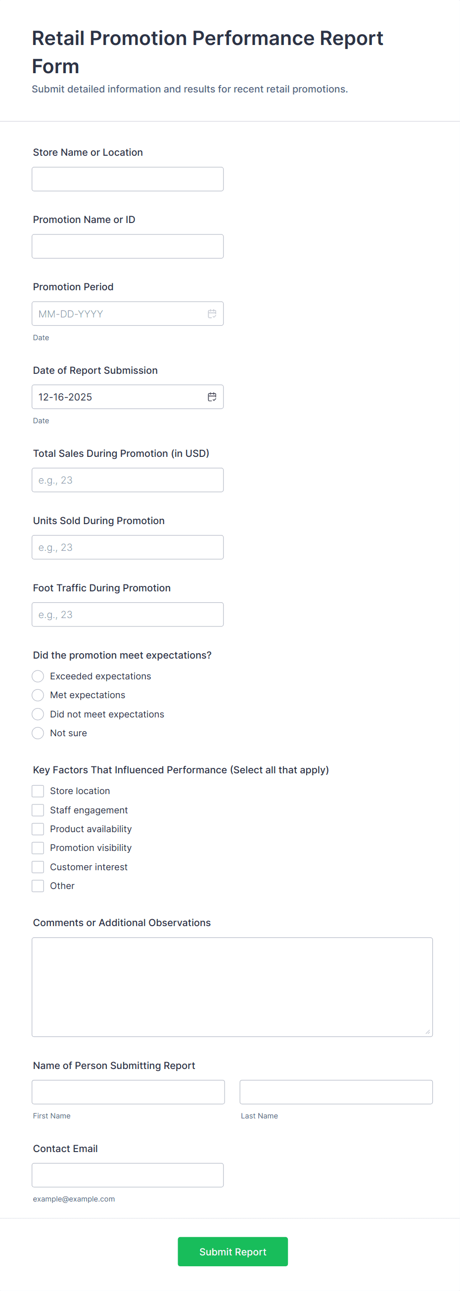 Retail Promotion Performance Report Form Template | Jotform