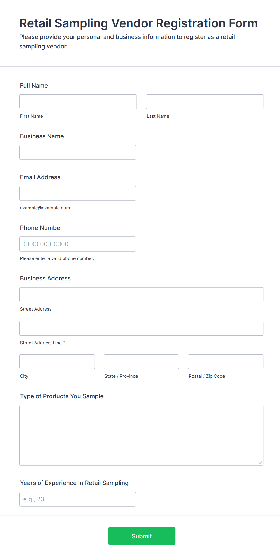 Retail Sampling Vendor Registration Form Template | Jotform