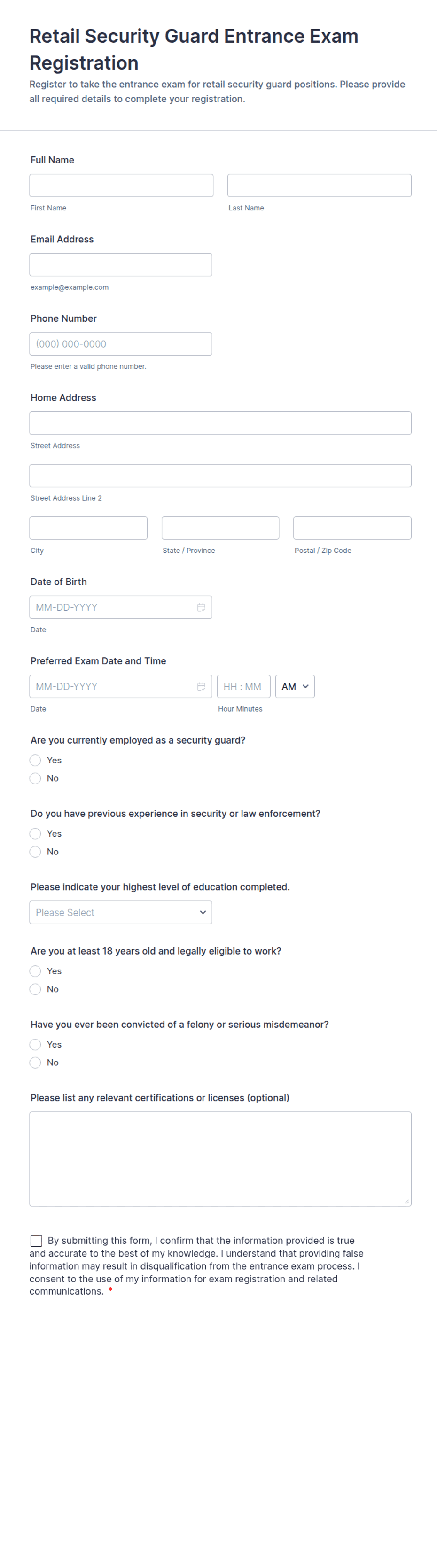 Retail Security Guard Entrance Exam Registration Form Template | Jotform