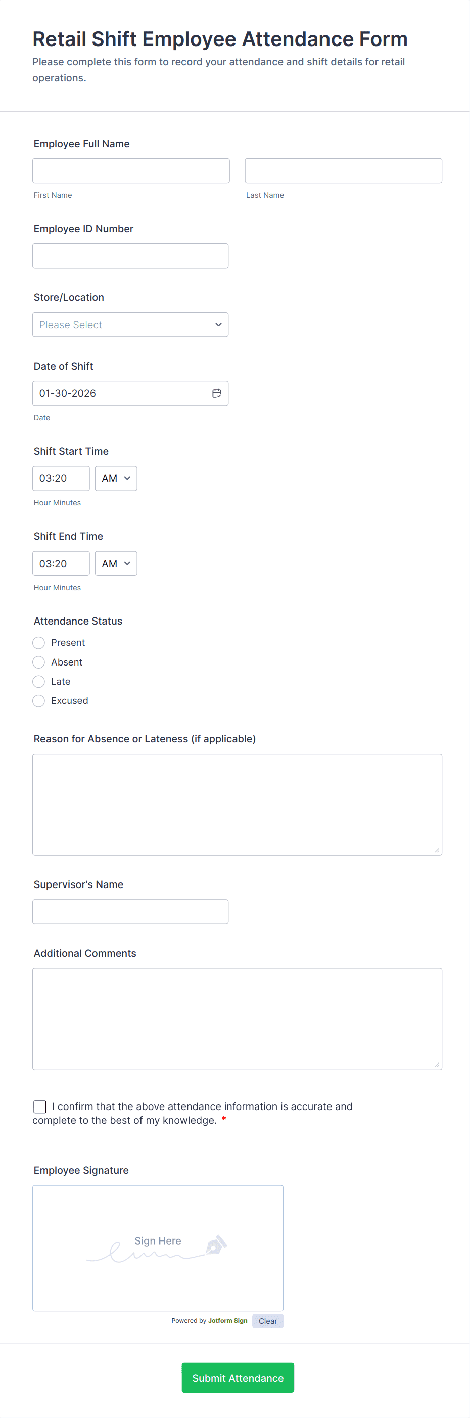Retail Shift Employee Attendance Form Template | Jotform