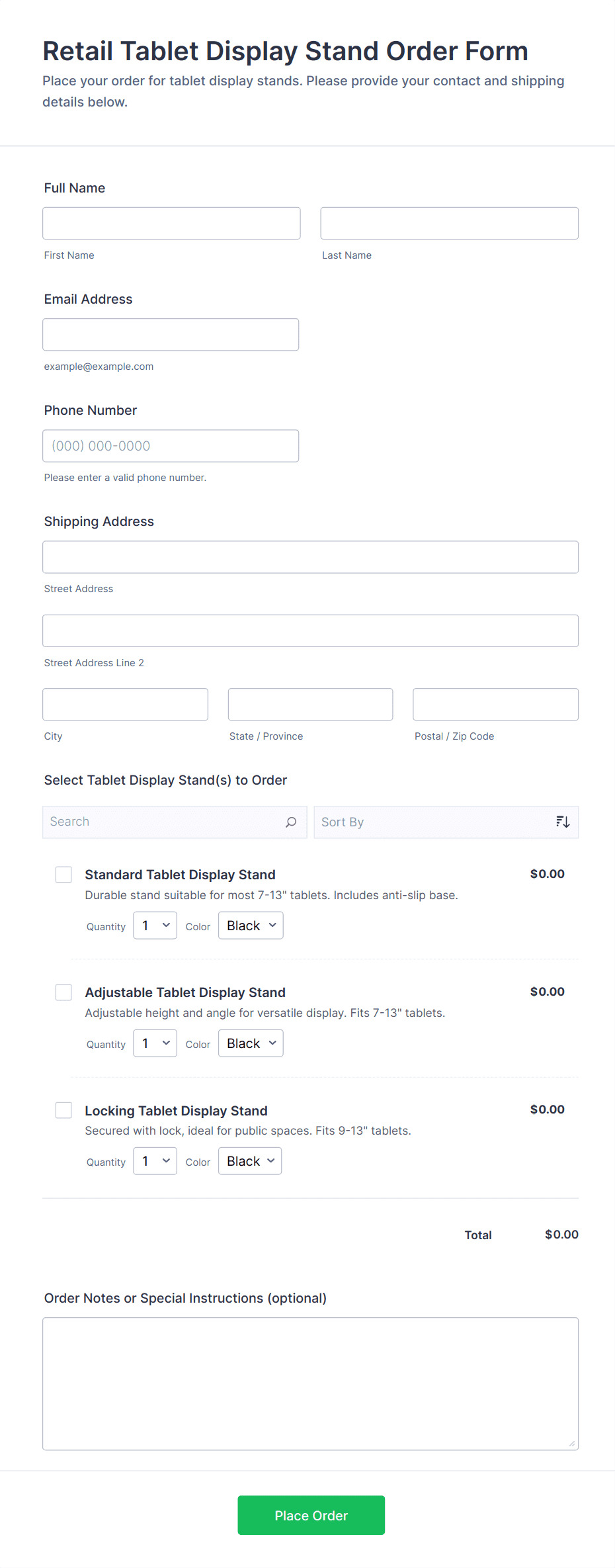 Retail Tablet Display Stand Order Form Template | Jotform