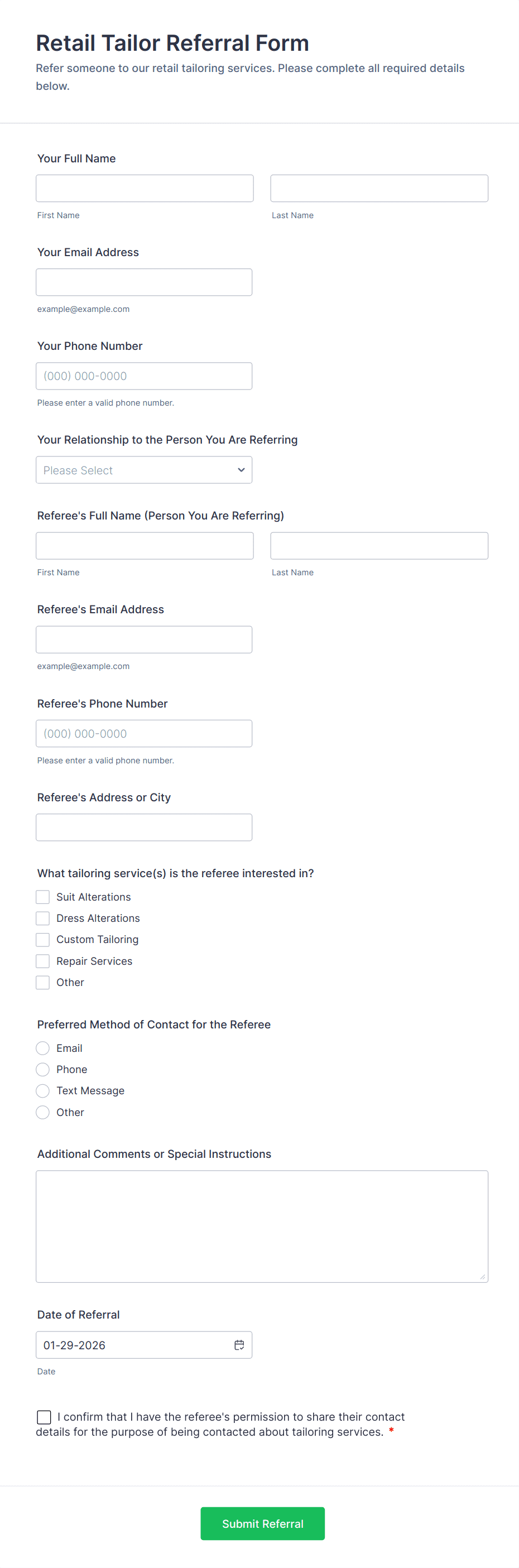 Retail Tailor Referral Form Template | Jotform