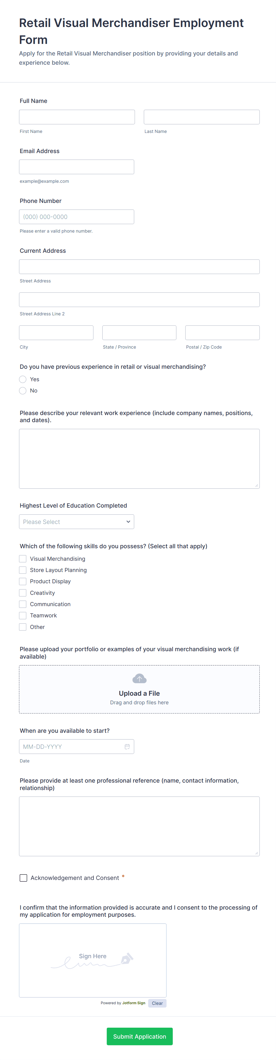 Retail Visual Merchandiser Employment Form Template | Jotform