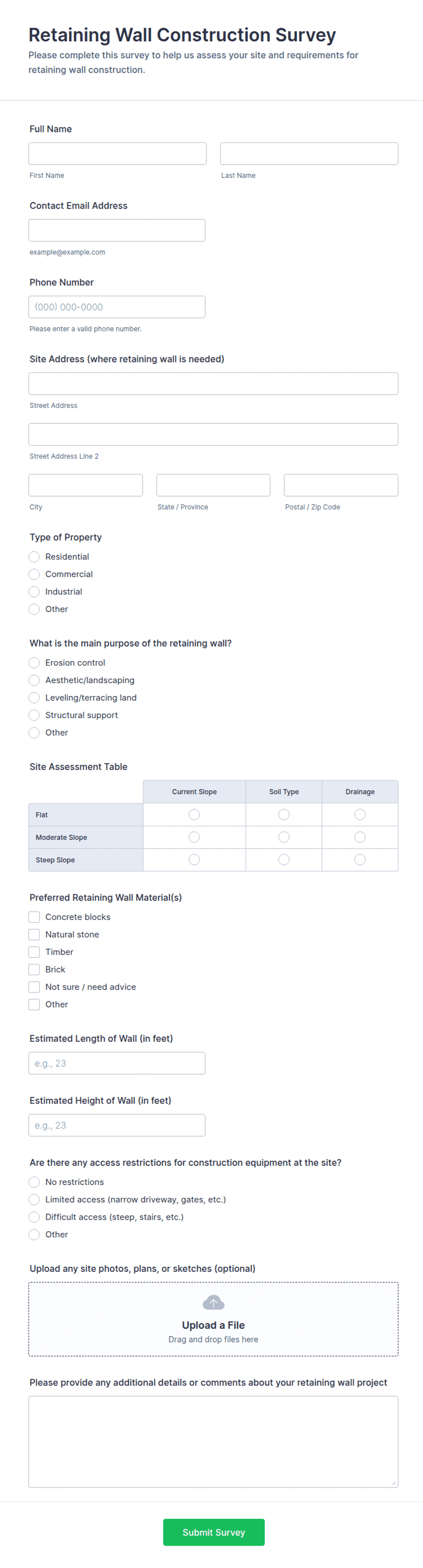 Retaining Wall Construction Survey Form Template | Jotform