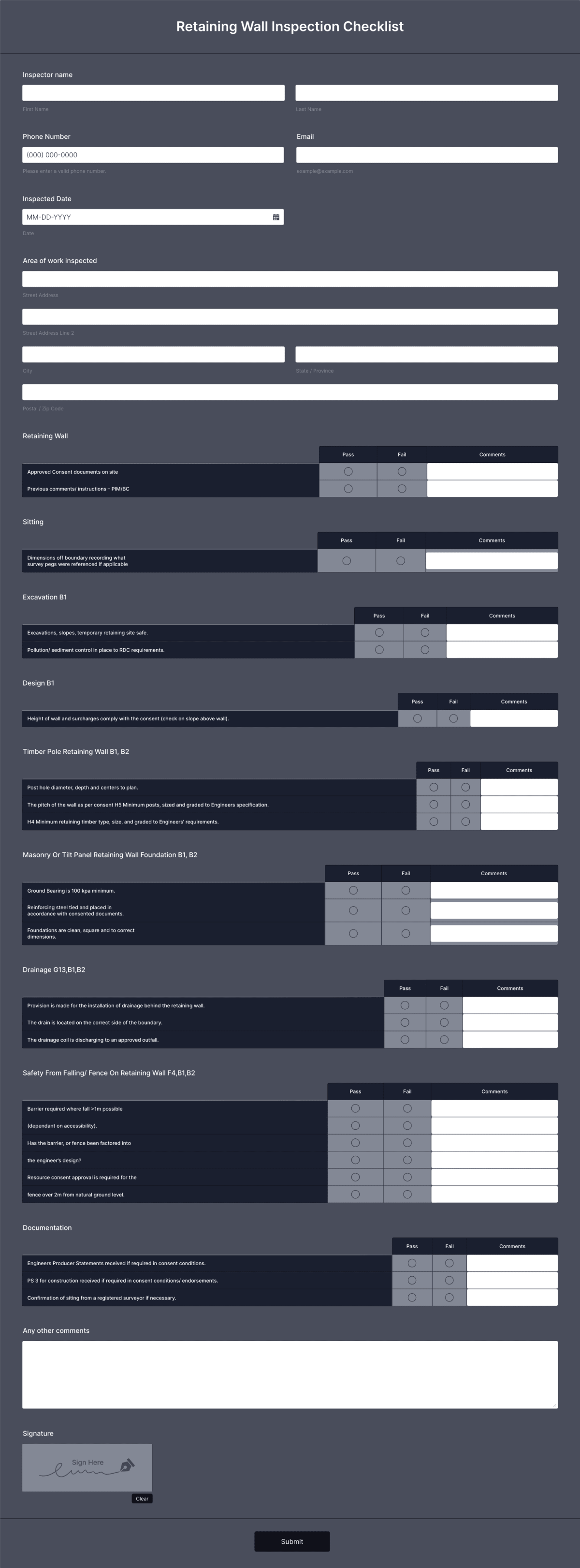 Retaining Wall Inspection Checklist Form Template | Jotform