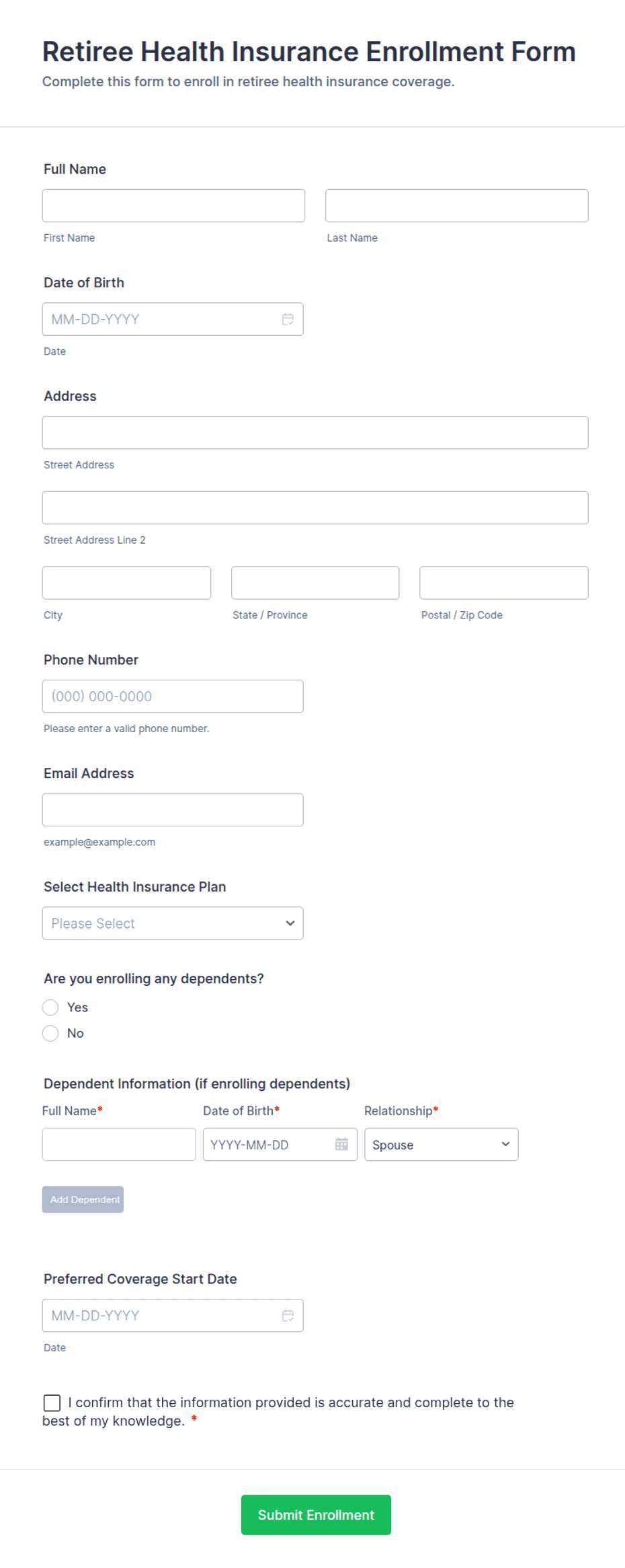 Retiree Health Insurance Enrollment Form Template | Jotform