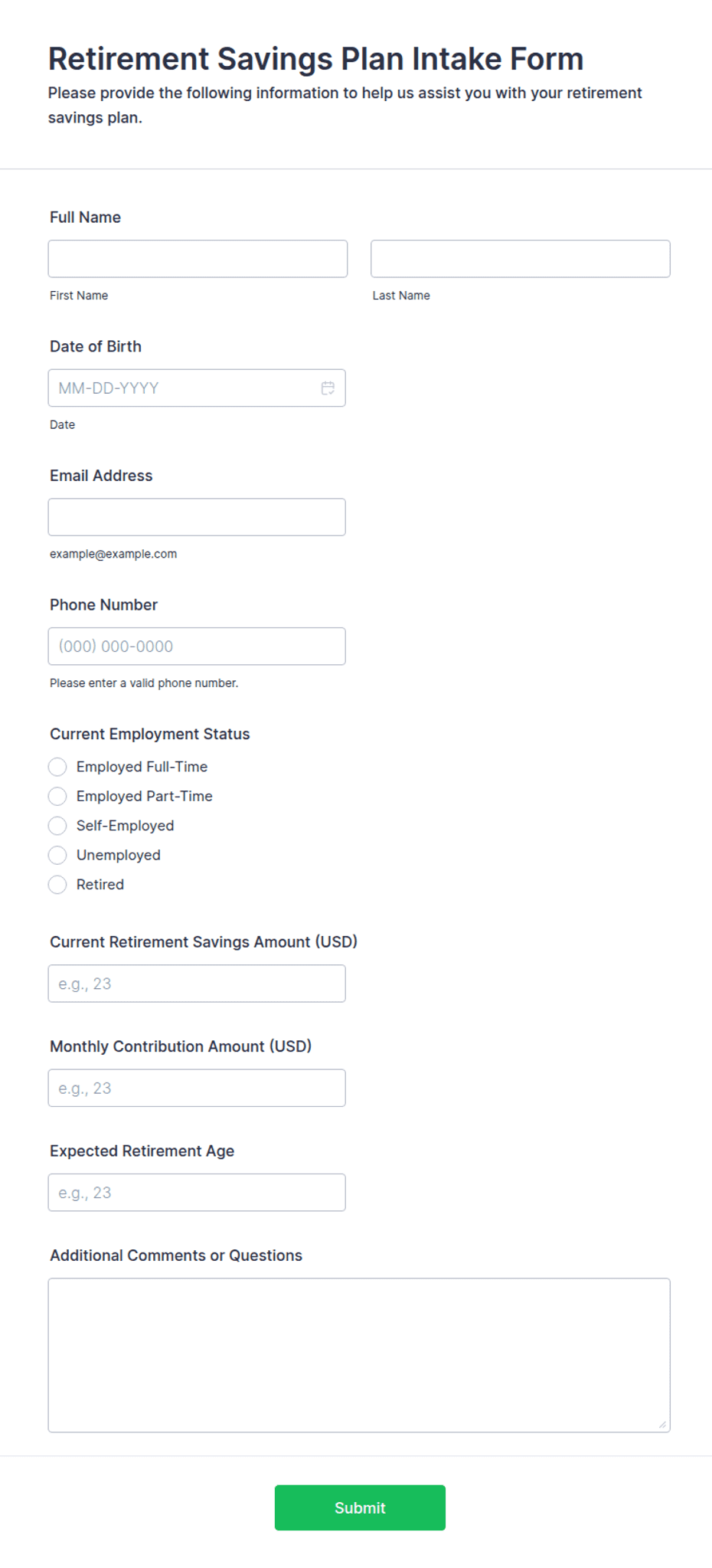 Retirement Savings Plan Intake Form Template | Jotform
