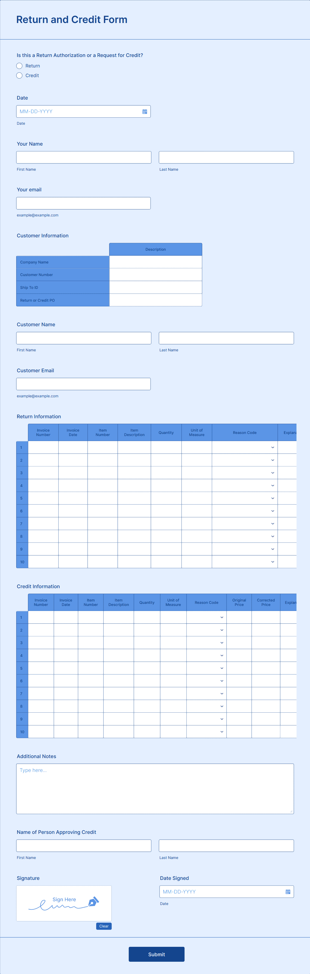 Return and Credit Form Template | Jotform