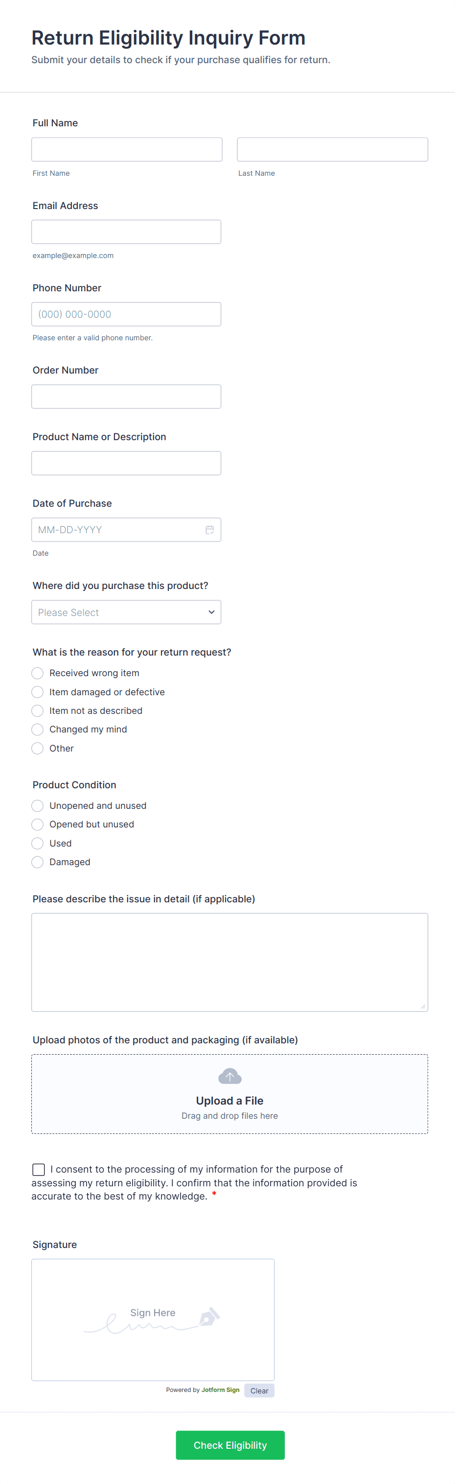 Return Eligibility Inquiry Form Template | Jotform
