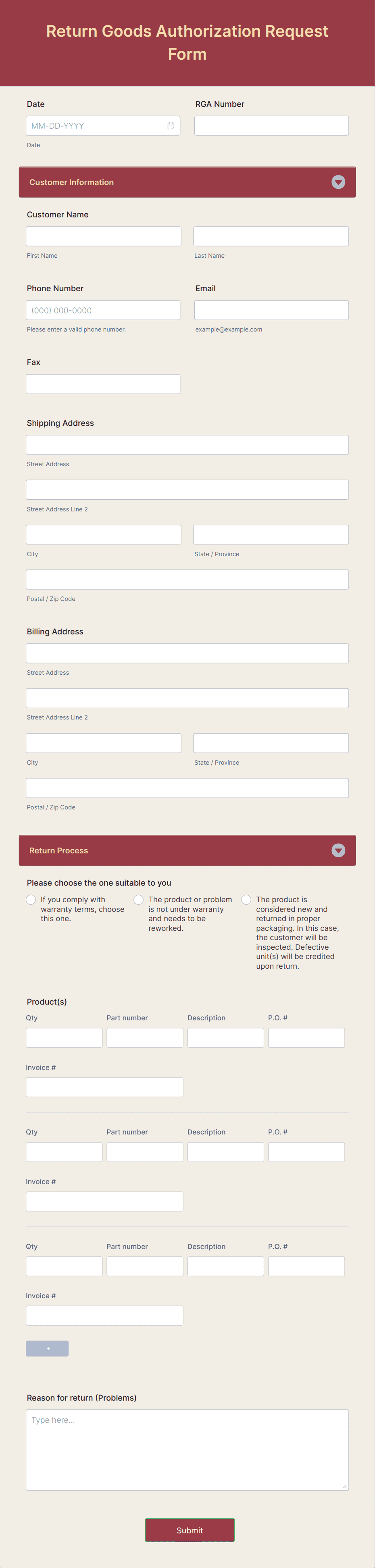 Return Goods Authorization Request Form Template | Jotform
