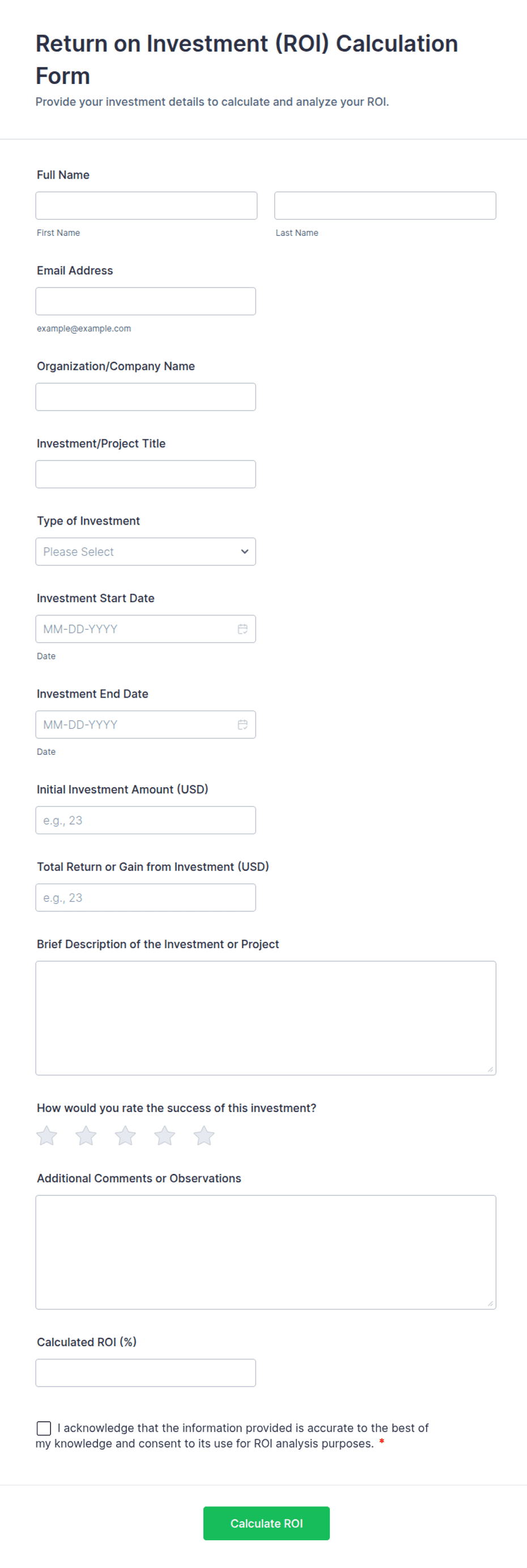 Return on Investment (ROI) Calculation Form Template | Jotform