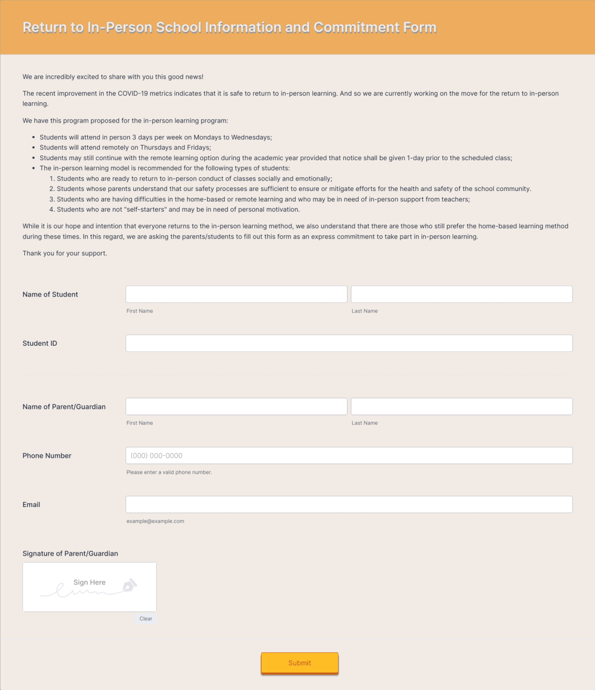 Return to In-Person School Information and Commitment Form Template ...