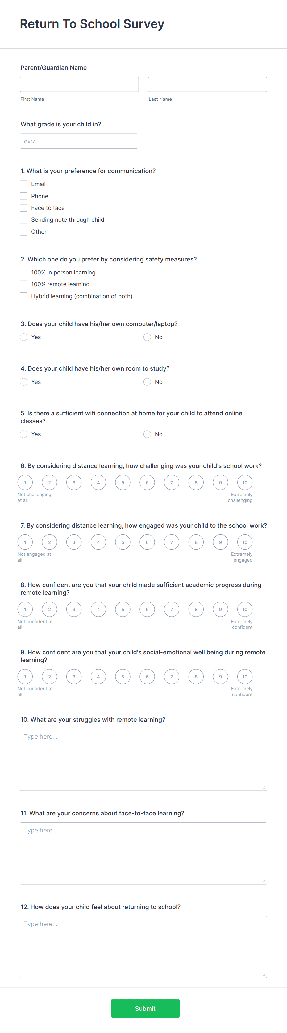 Return To School Survey Form Template | Jotform