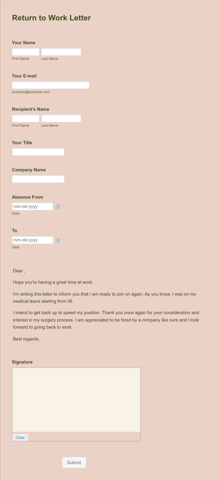 Return to Work Letter Form Template | Jotform