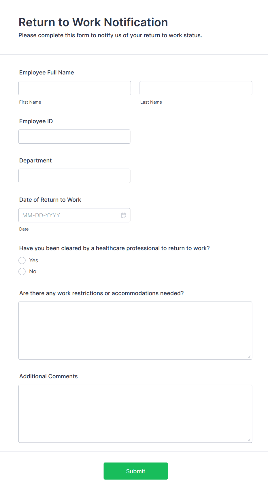 Return to Work Notification Form Template | Jotform