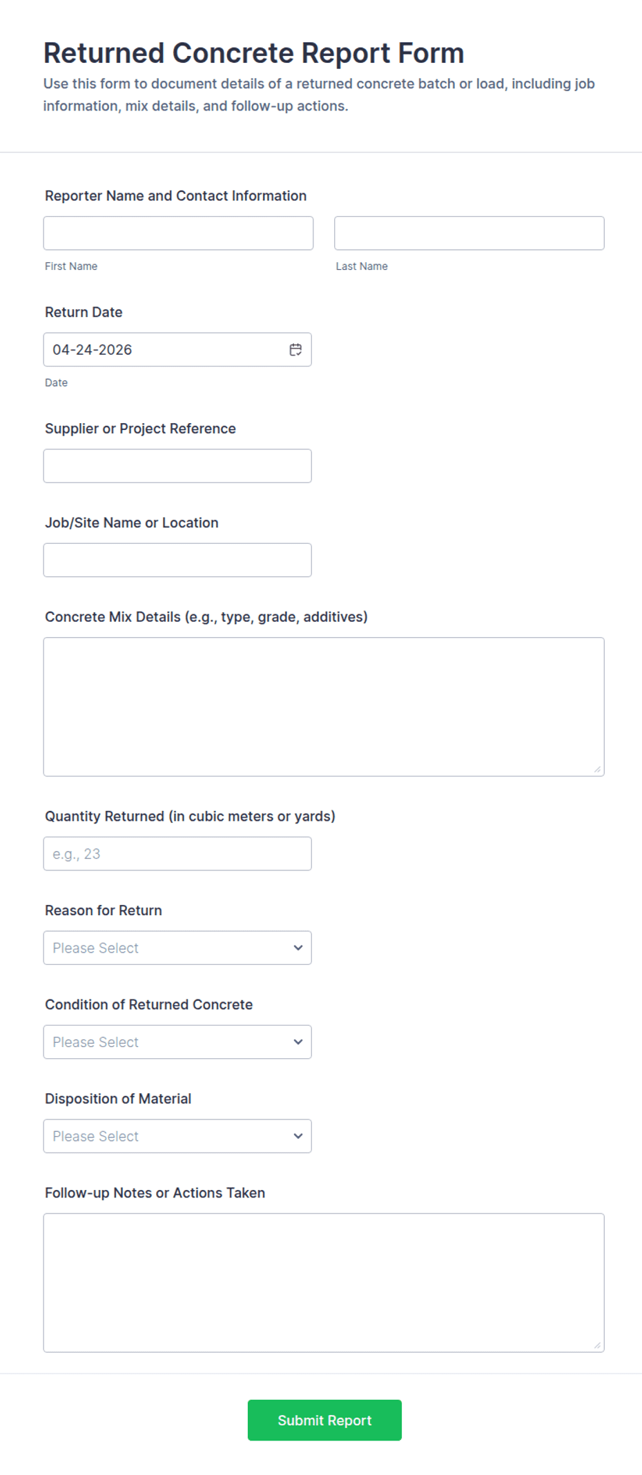 Returned Concrete Report Form Template | Jotform