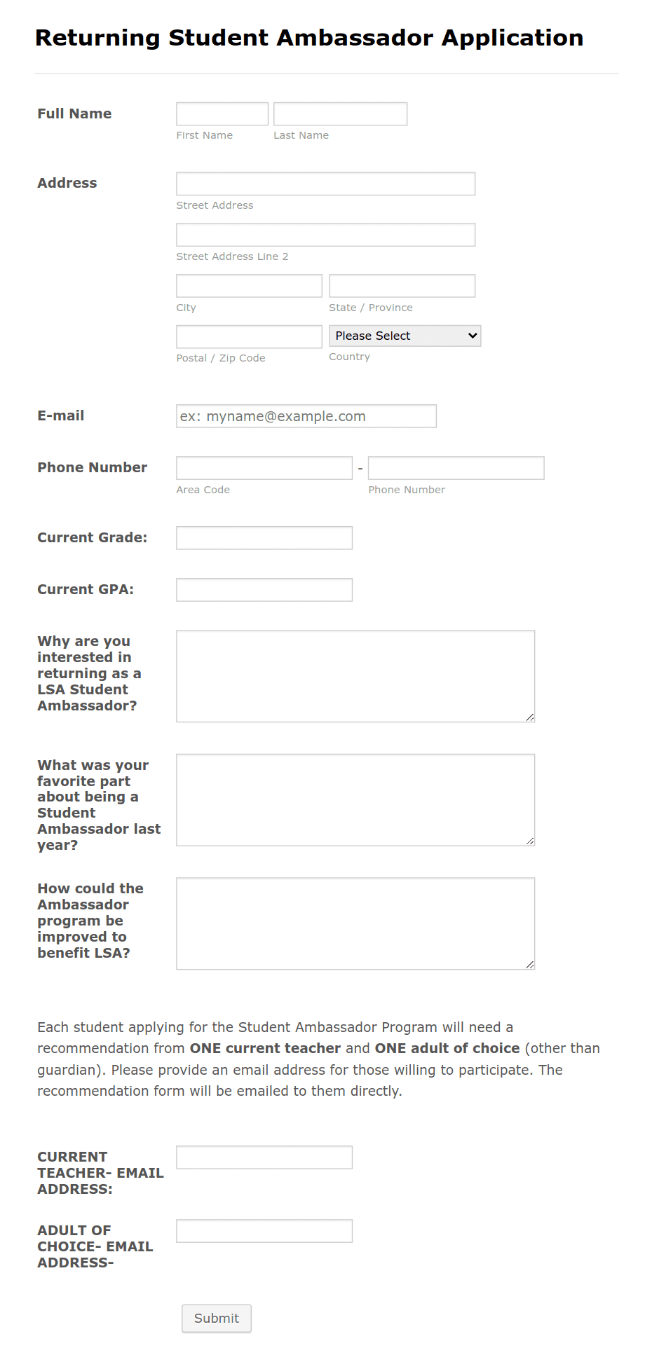 Returning Student Ambassador Application Form Template | Jotform