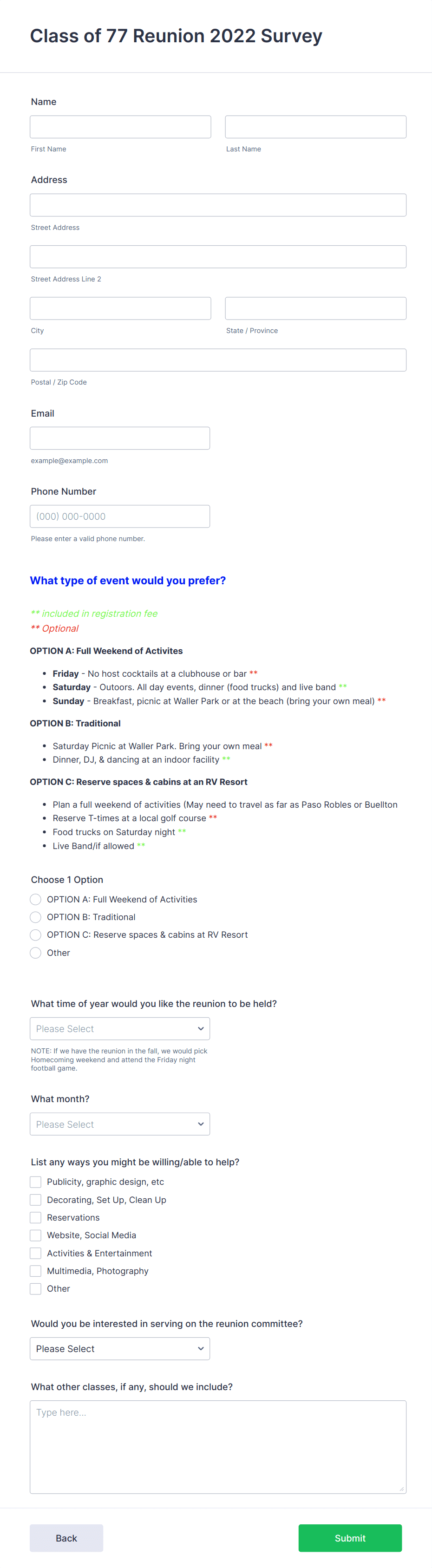 Reunion Survey Form Template | Jotform