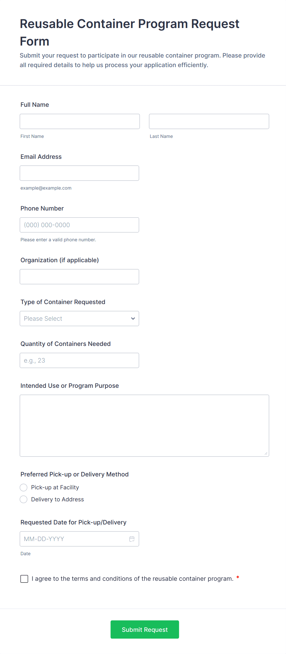 Reusable Container Program Request Form Template | Jotform