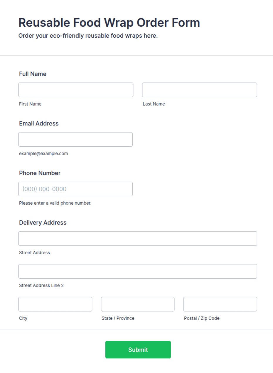 Reusable Food Wrap Order Form Template | Jotform