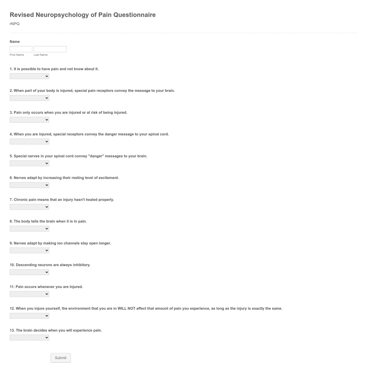 Revised Neuropsychology of Pain Questionnaire Form Template | Jotform