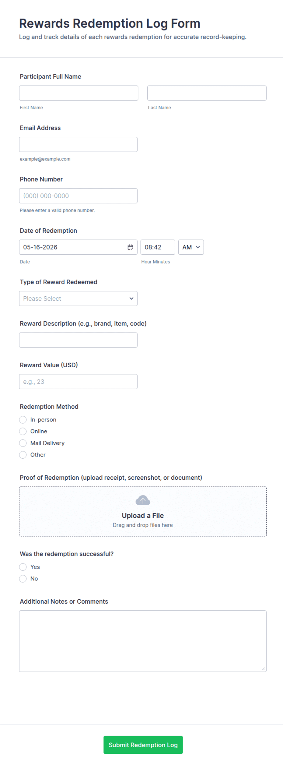 Rewards Redemption Log Form Template | Jotform