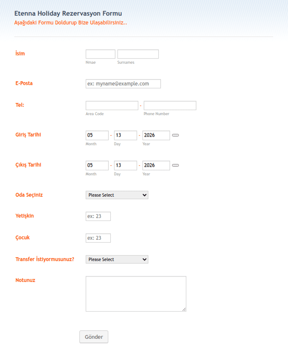 Tatil rezervasyon Form Şablonu | Jotform