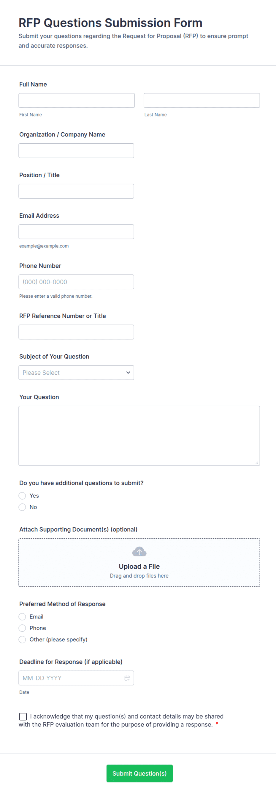 RFP Questions Submission Form Template | Jotform