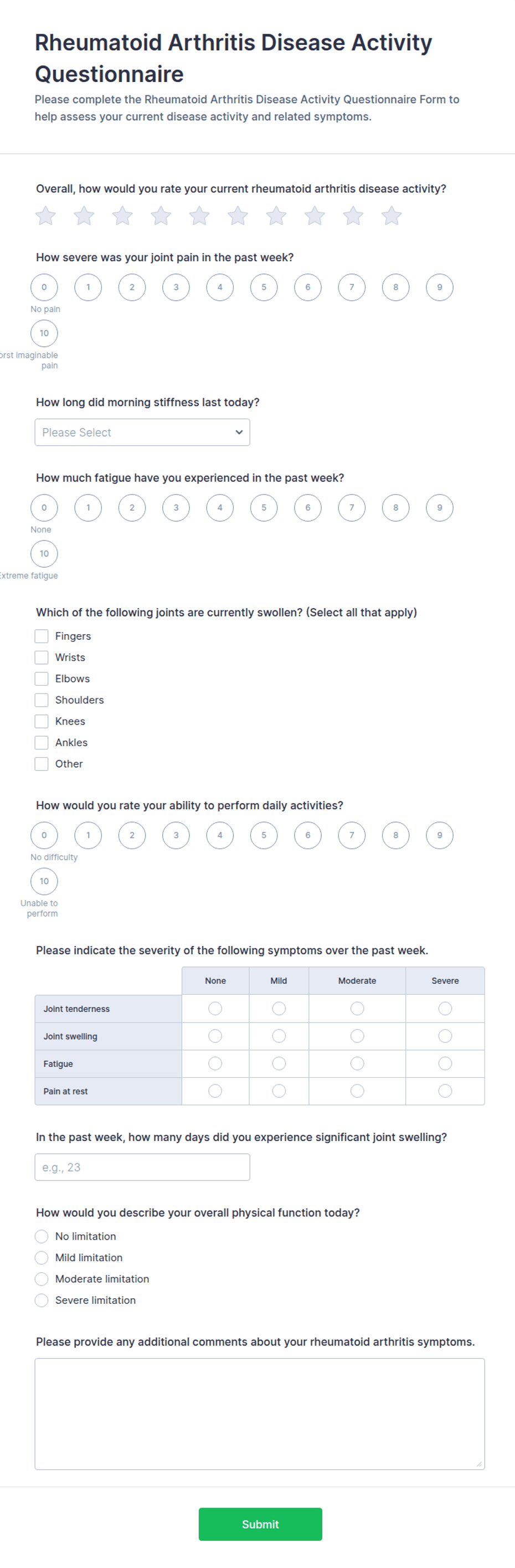 Rheumatoid Arthritis Disease Activity Questionnaire Form Template | Jotform