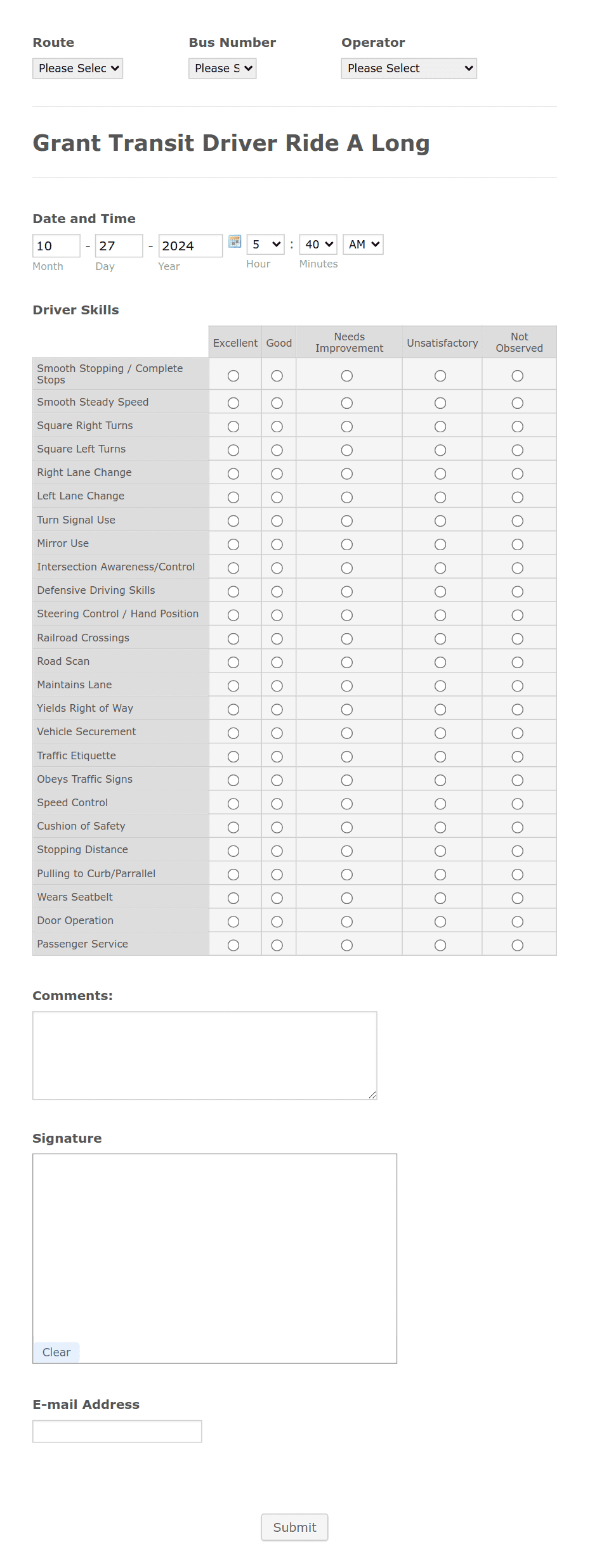 Bus Driver Evaluation Form Template | Jotform