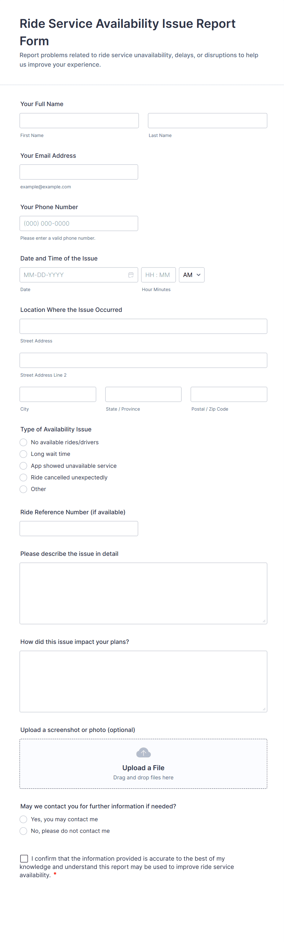 Ride Service Availability Issue Report Form Template | Jotform