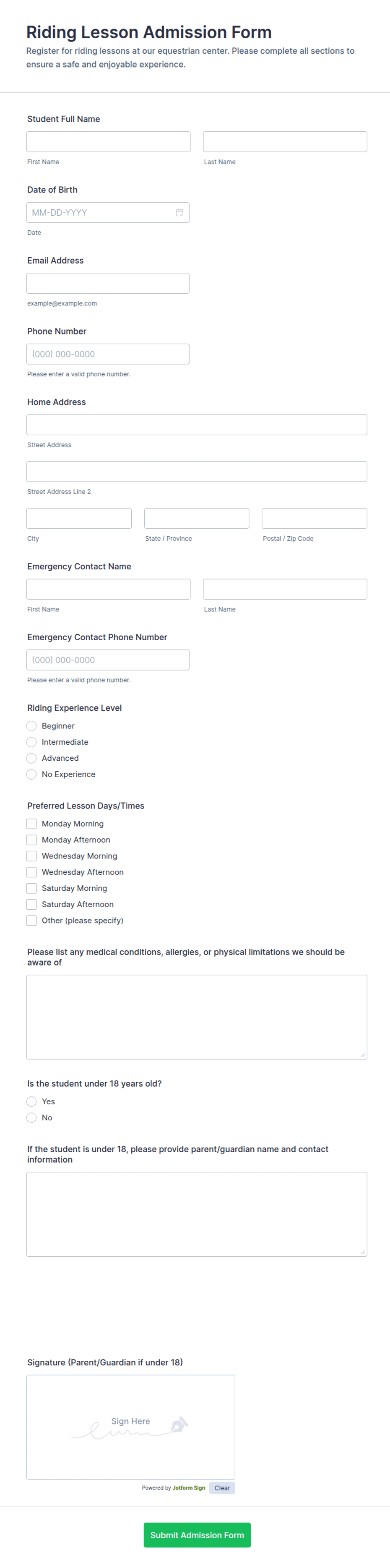 Riding Lesson Admission Form Template | Jotform