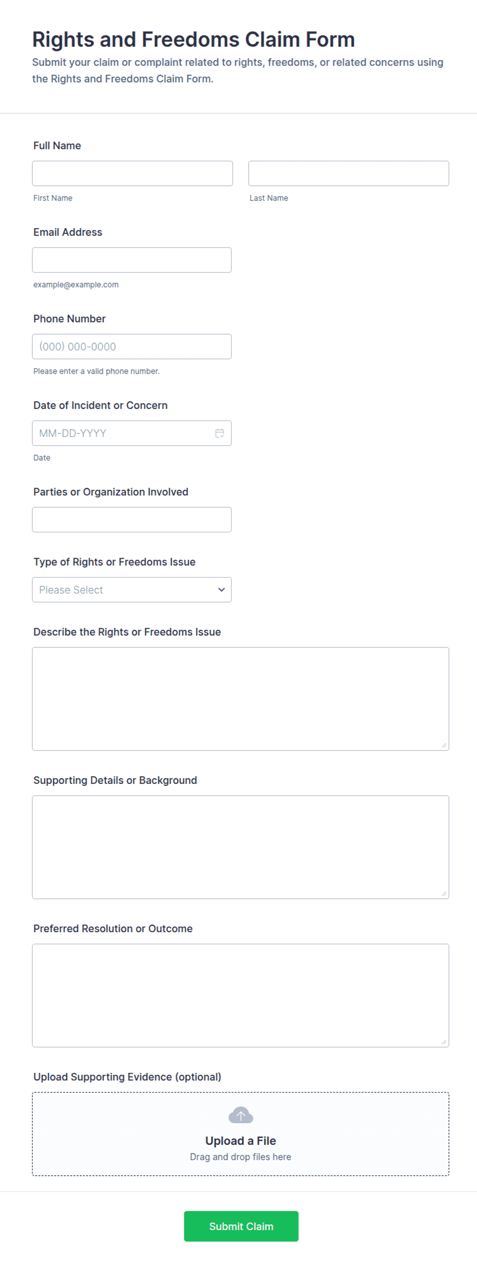 Rights and Freedoms Claim Form Template | Jotform