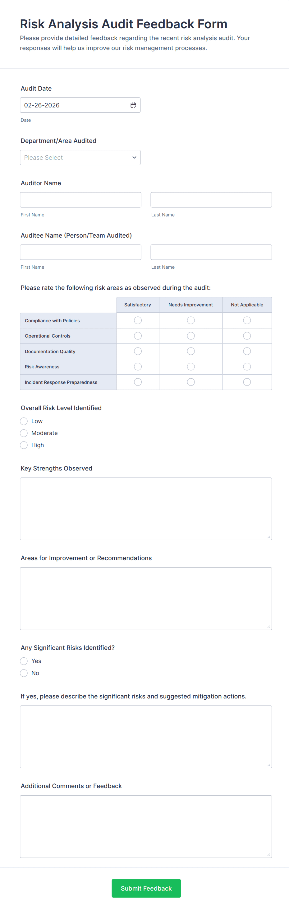 Risk Analysis Audit Feedback Form Template | Jotform
