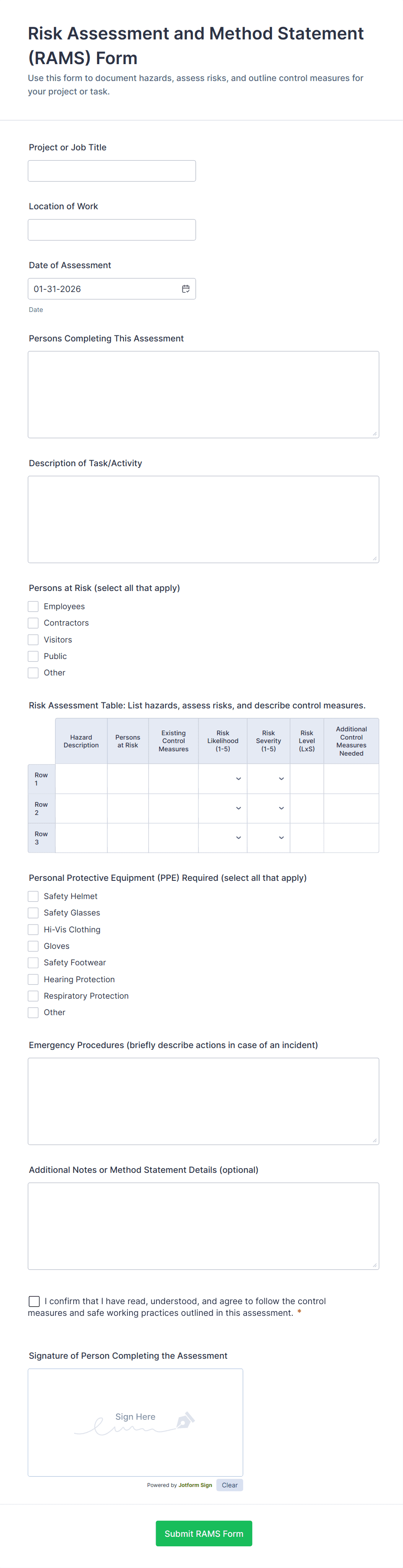 Risk Assessment and Method Statement (RAMS) Form Template | Jotform