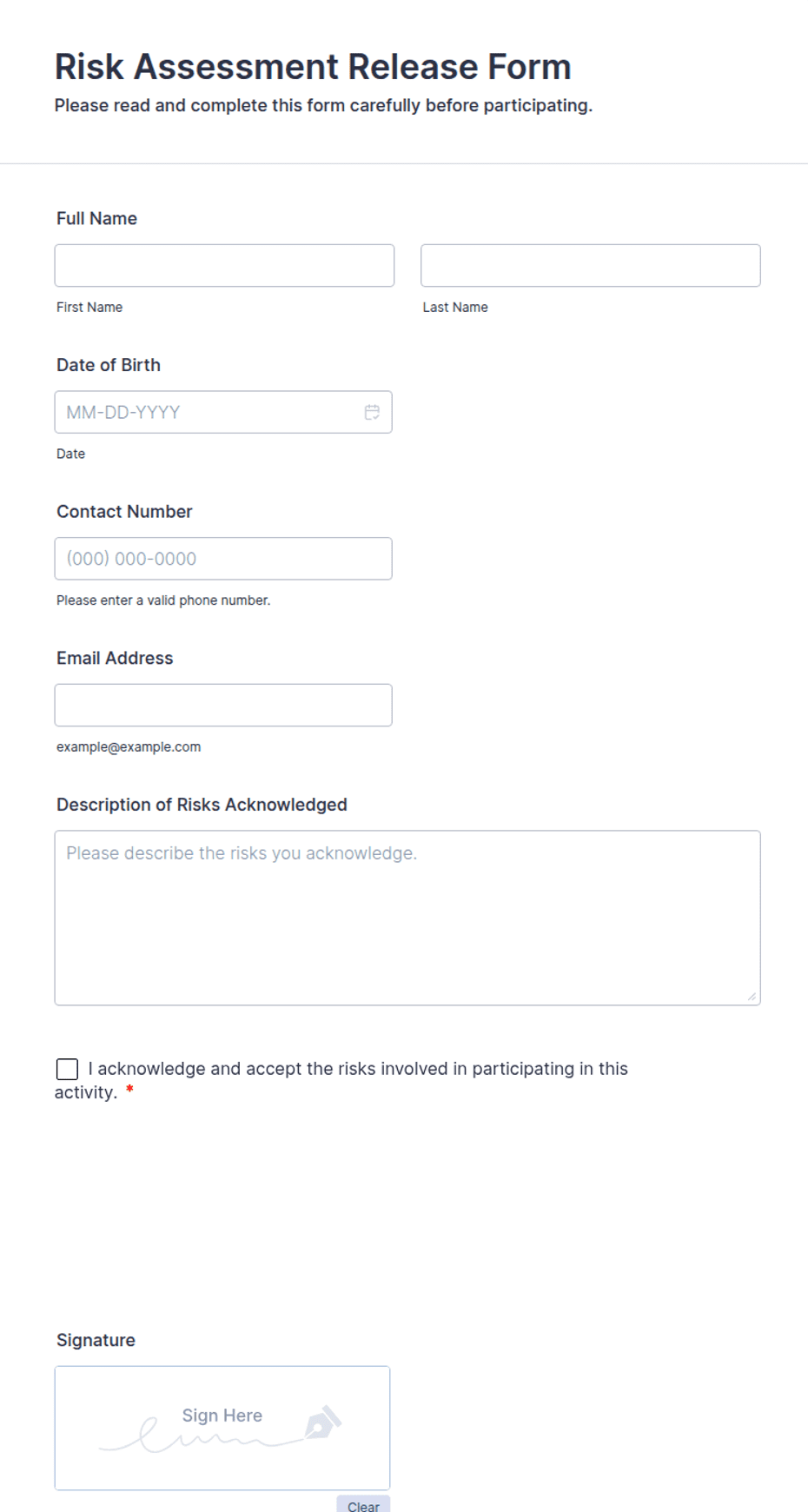 Risk Assessment Release Form Template | Jotform