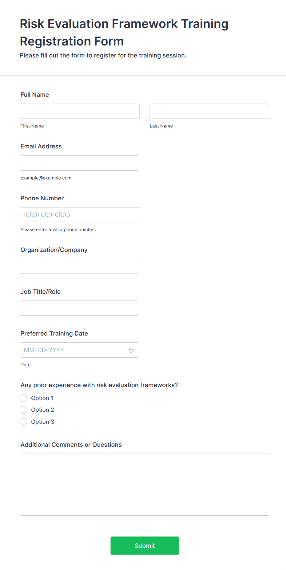 Risk Evaluation Framework Training Registration Form Template | Jotform