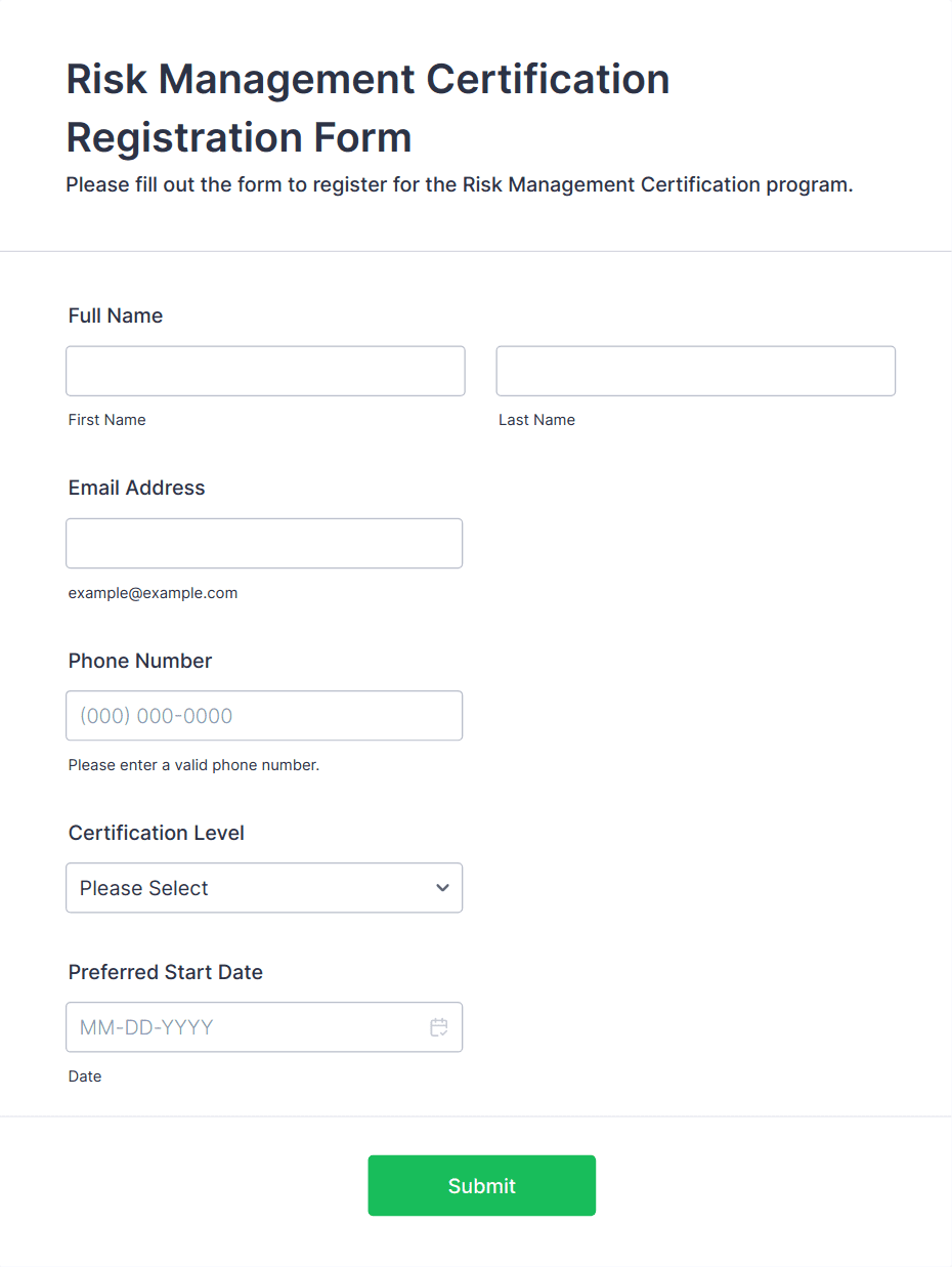 Risk Management Certification Registration Form Template | Jotform