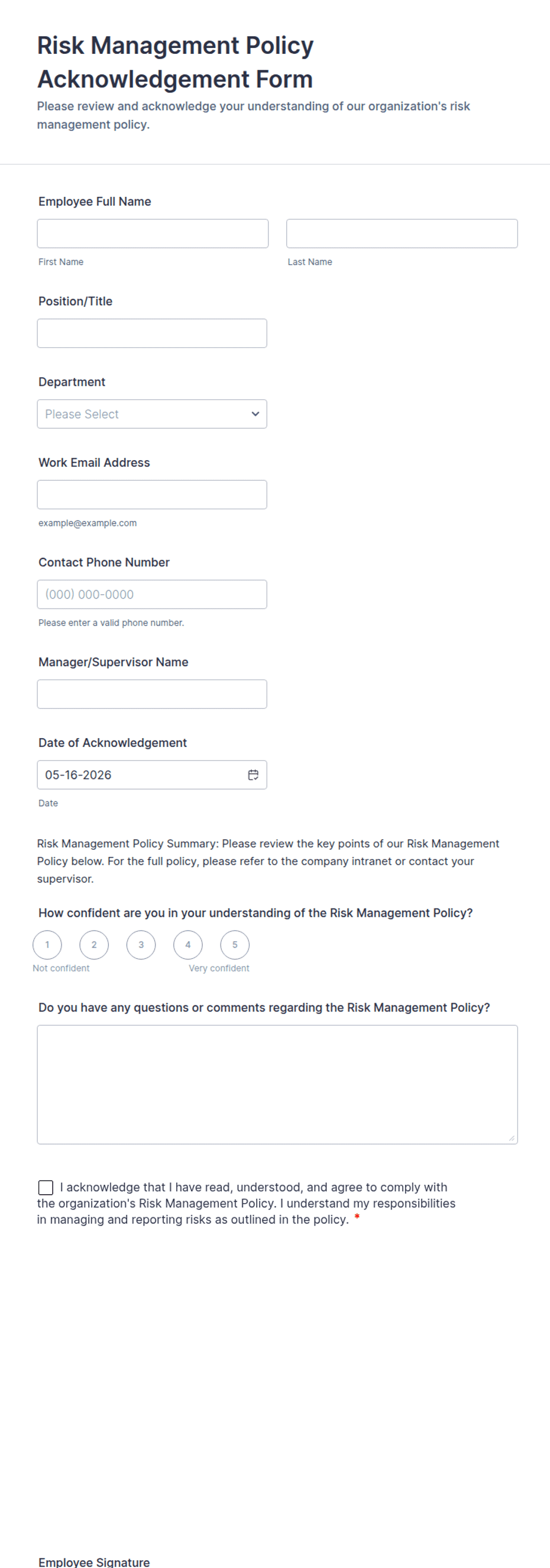 Risk Management Policy Acknowledgement Form Template | Jotform