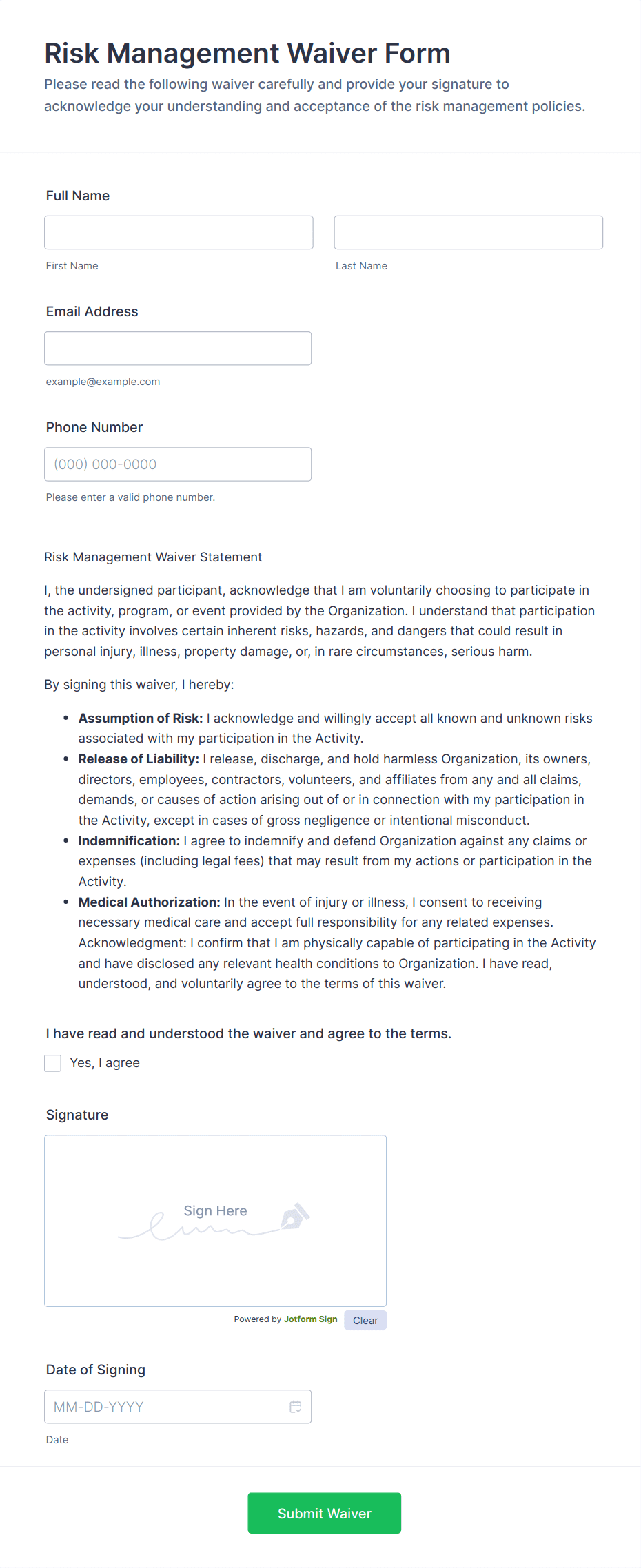 Risk Management Waiver Form Template | Jotform