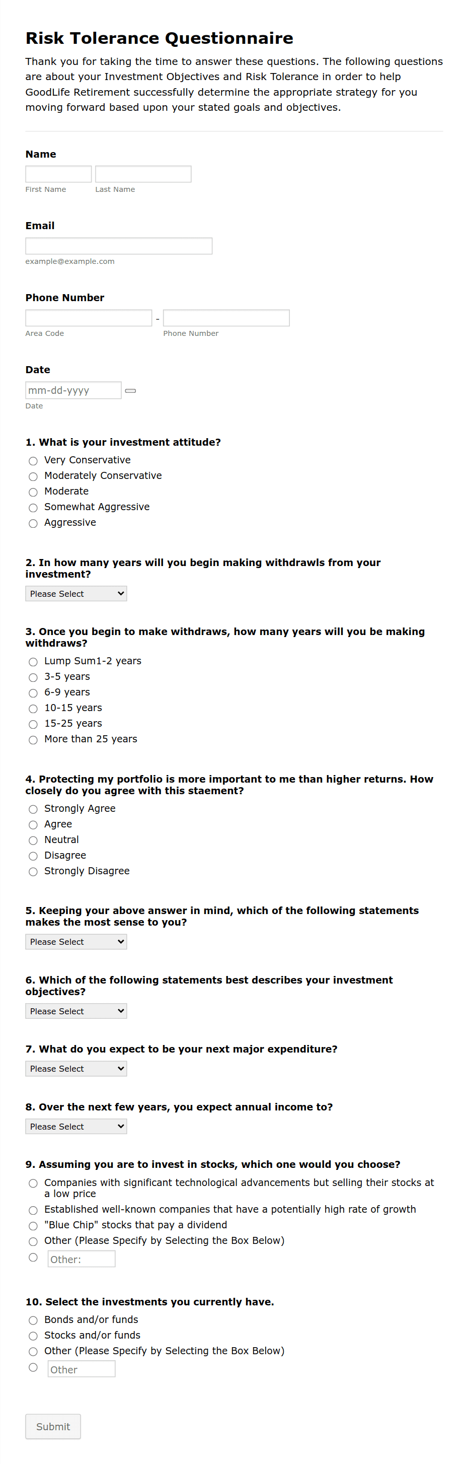 Risk Tolerance Questionnaire Form Template | Jotform