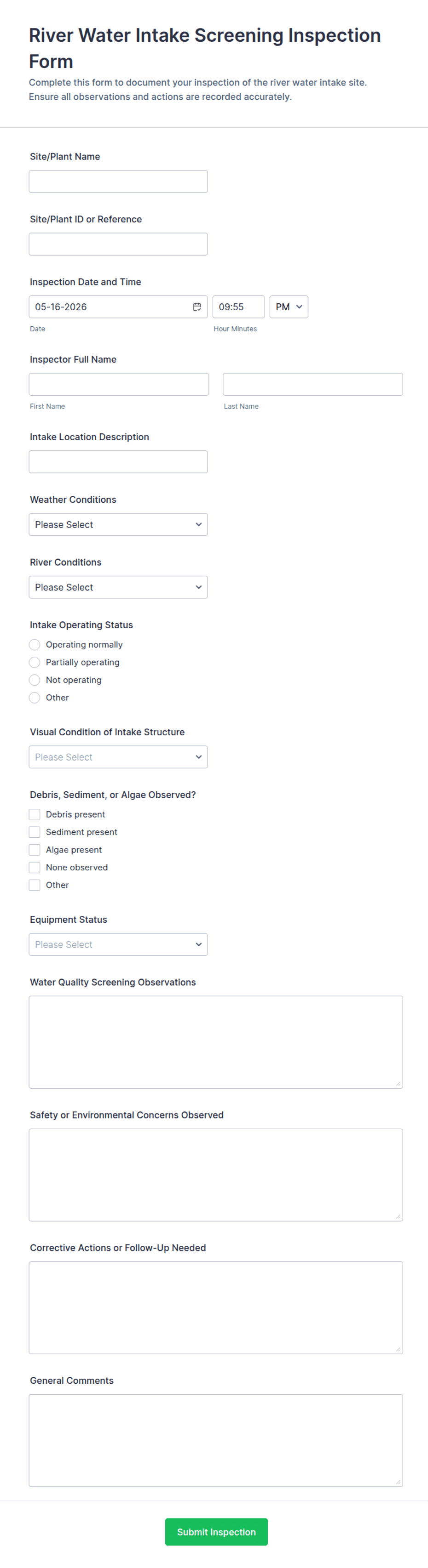 River Water Intake Screening Inspection Form Template | Jotform