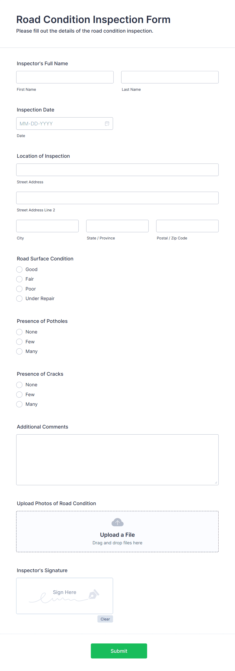 Road Condition Inspection Form Template | Jotform