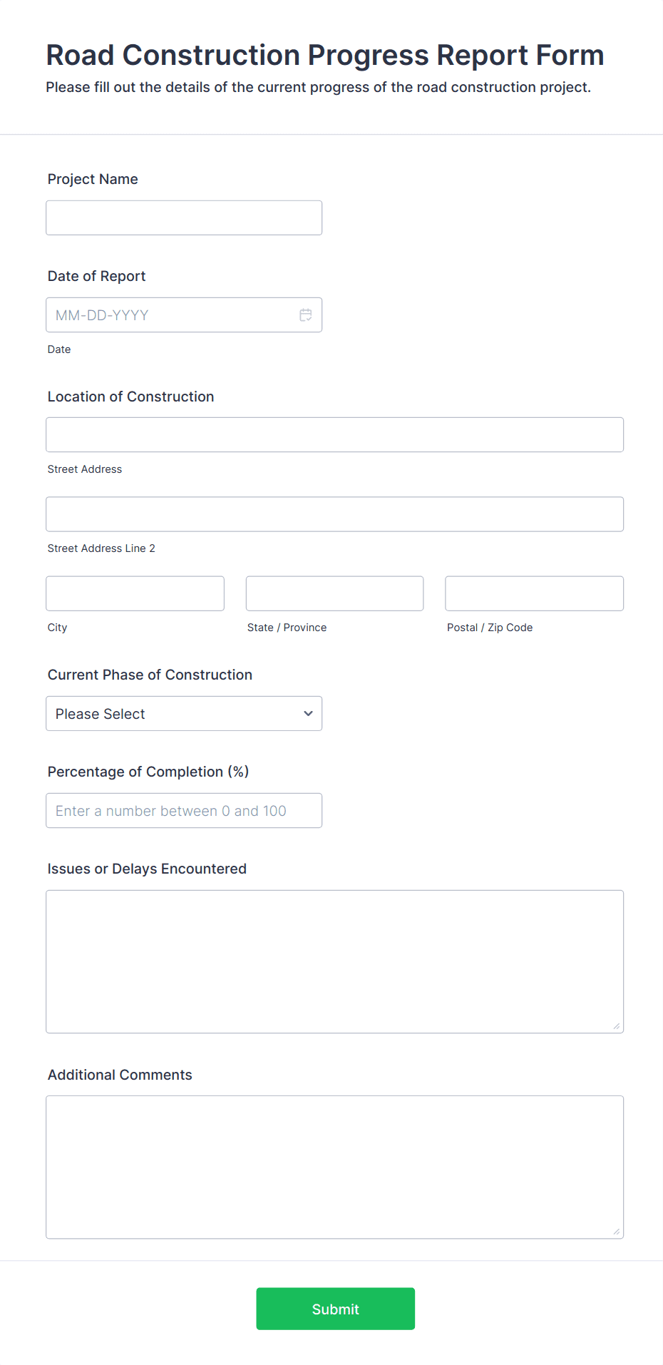 Road Construction Progress Report Form Template | Jotform