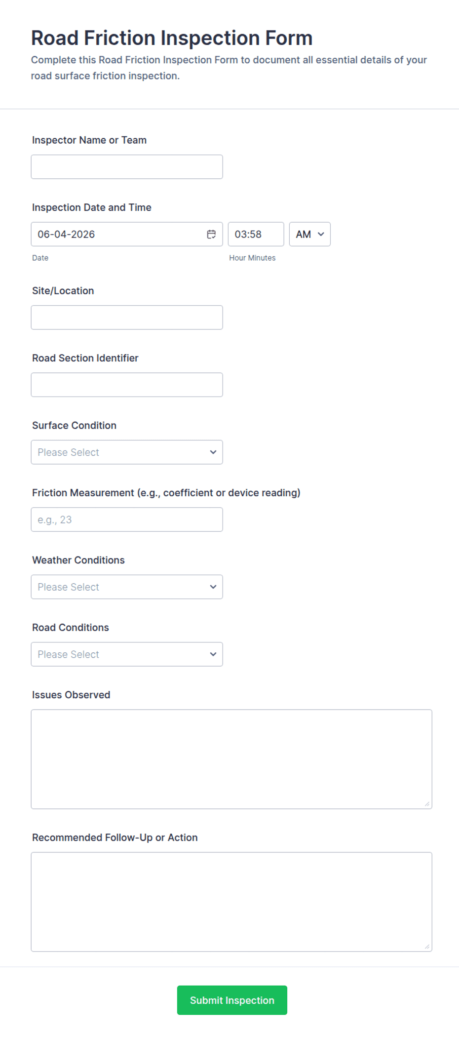 Road Friction Inspection Form Template | Jotform
