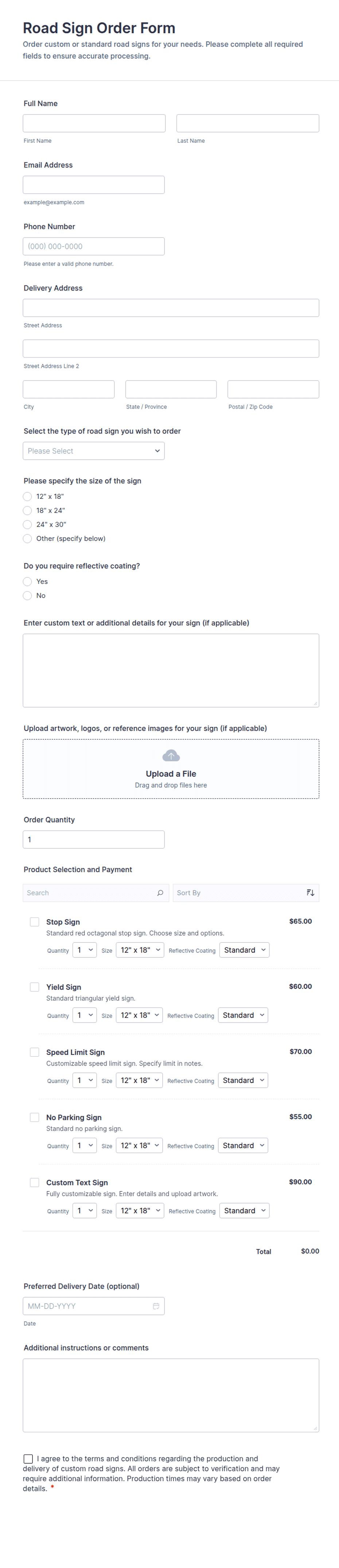 Road Sign Order Form Template | Jotform