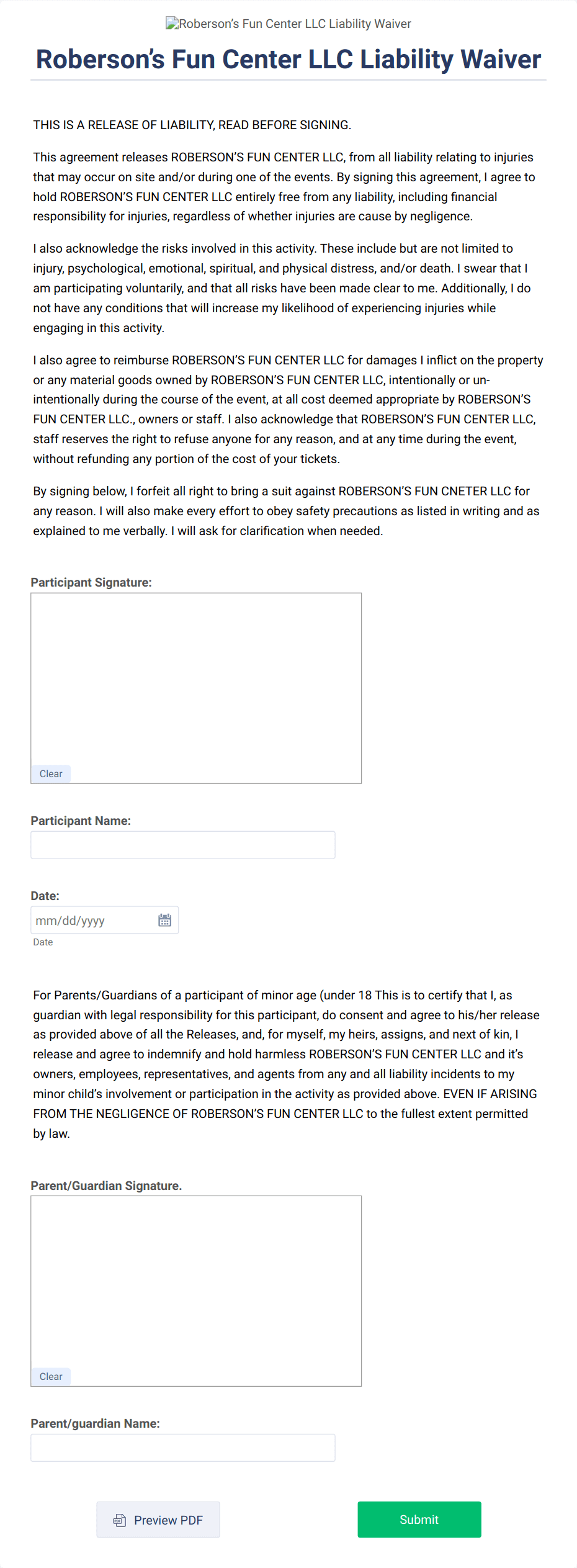 Roberson’s Fun Center LLC Liability Waiver Form Template | Jotform