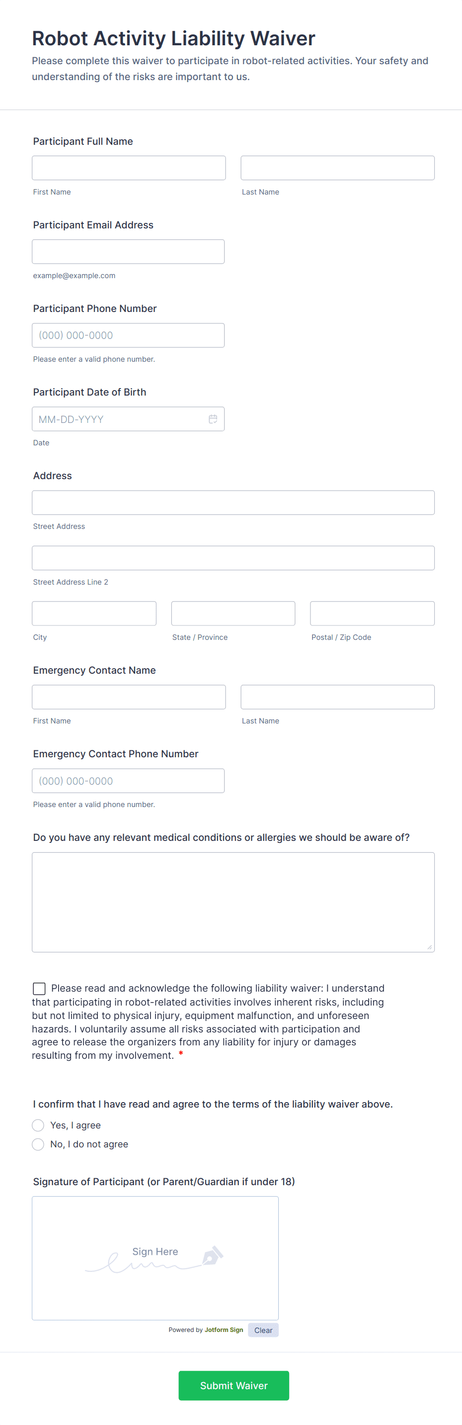 Robot Activity Liability Waiver Form Template | Jotform
