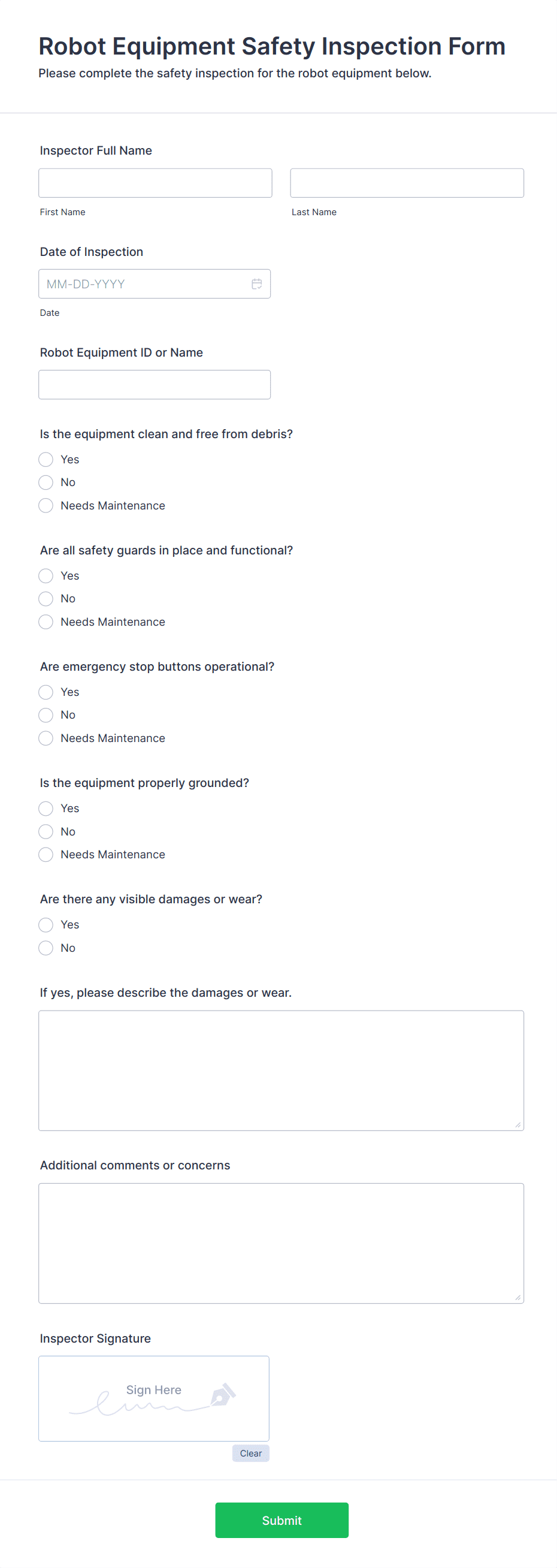 Robot Equipment Safety Inspection Form Template | Jotform