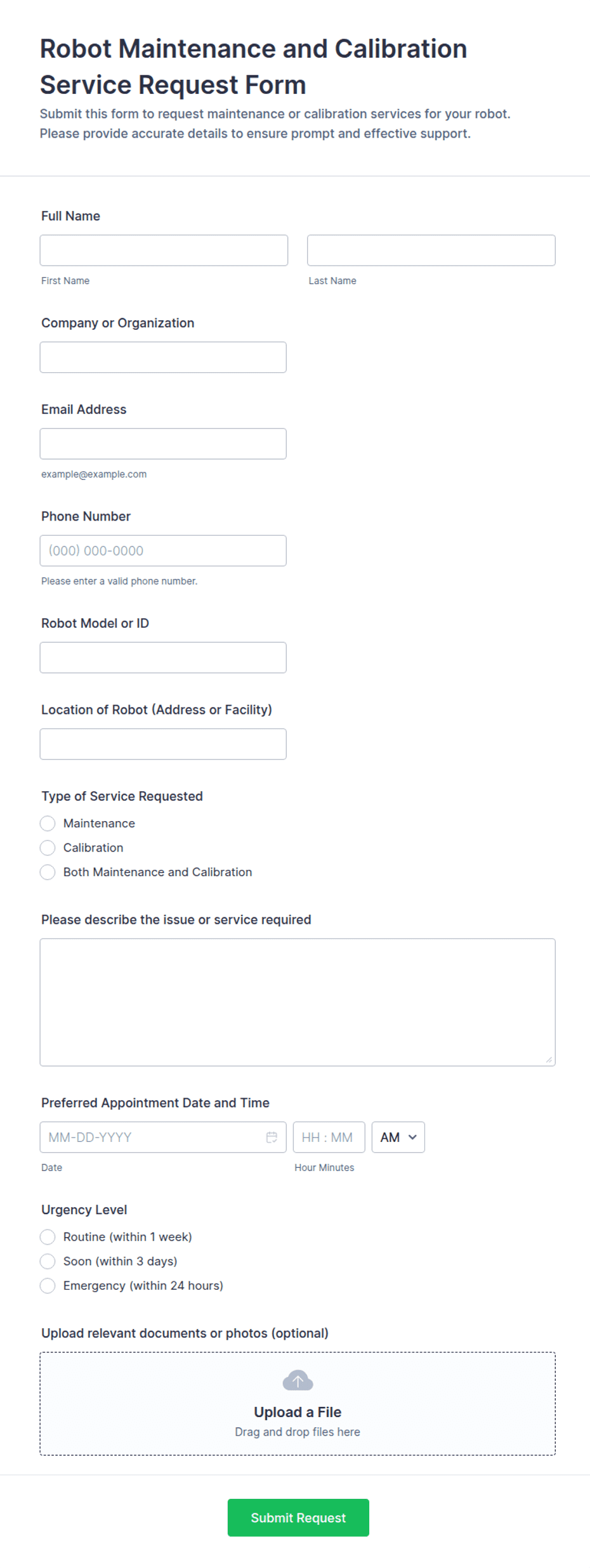 Robot Maintenance and Calibration Service Request Form Template | Jotform